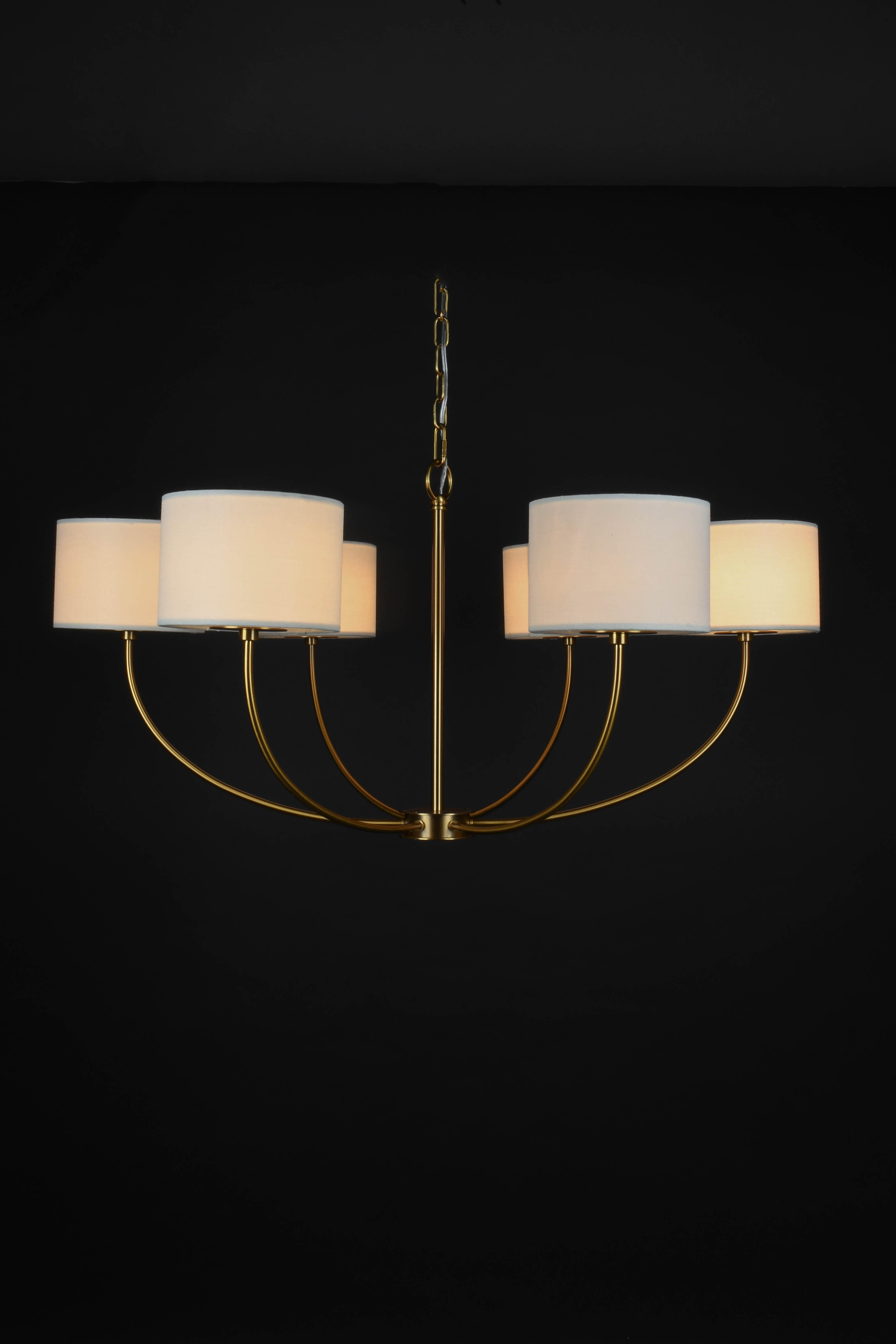 Brass Six Light Curved Arm Chandelier w/Fabric Shades & Glass Diffusers ...