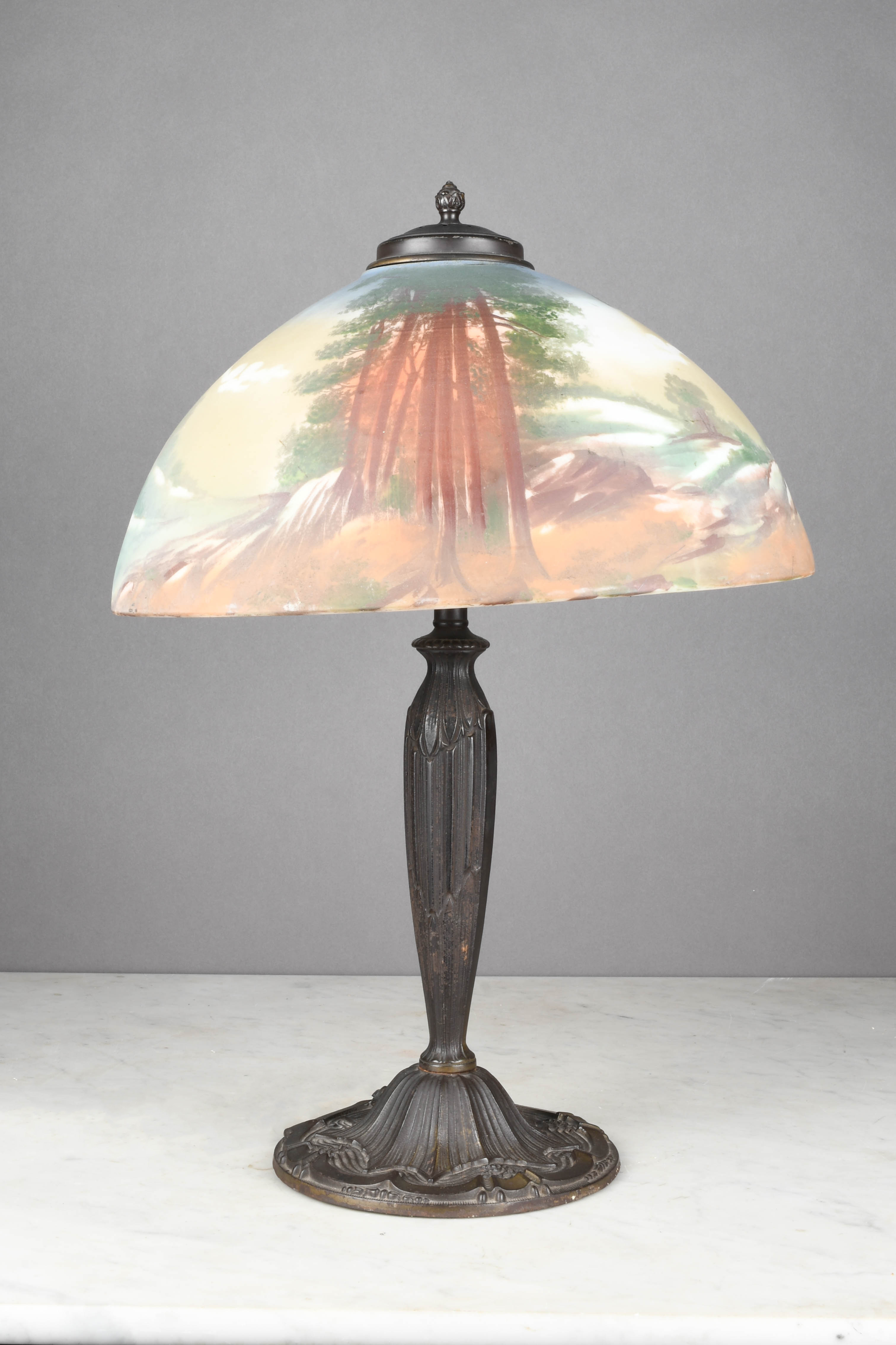 Bronze Table Lamp w/Reverse Painted Forrest Scene Glass Shade | Table ...