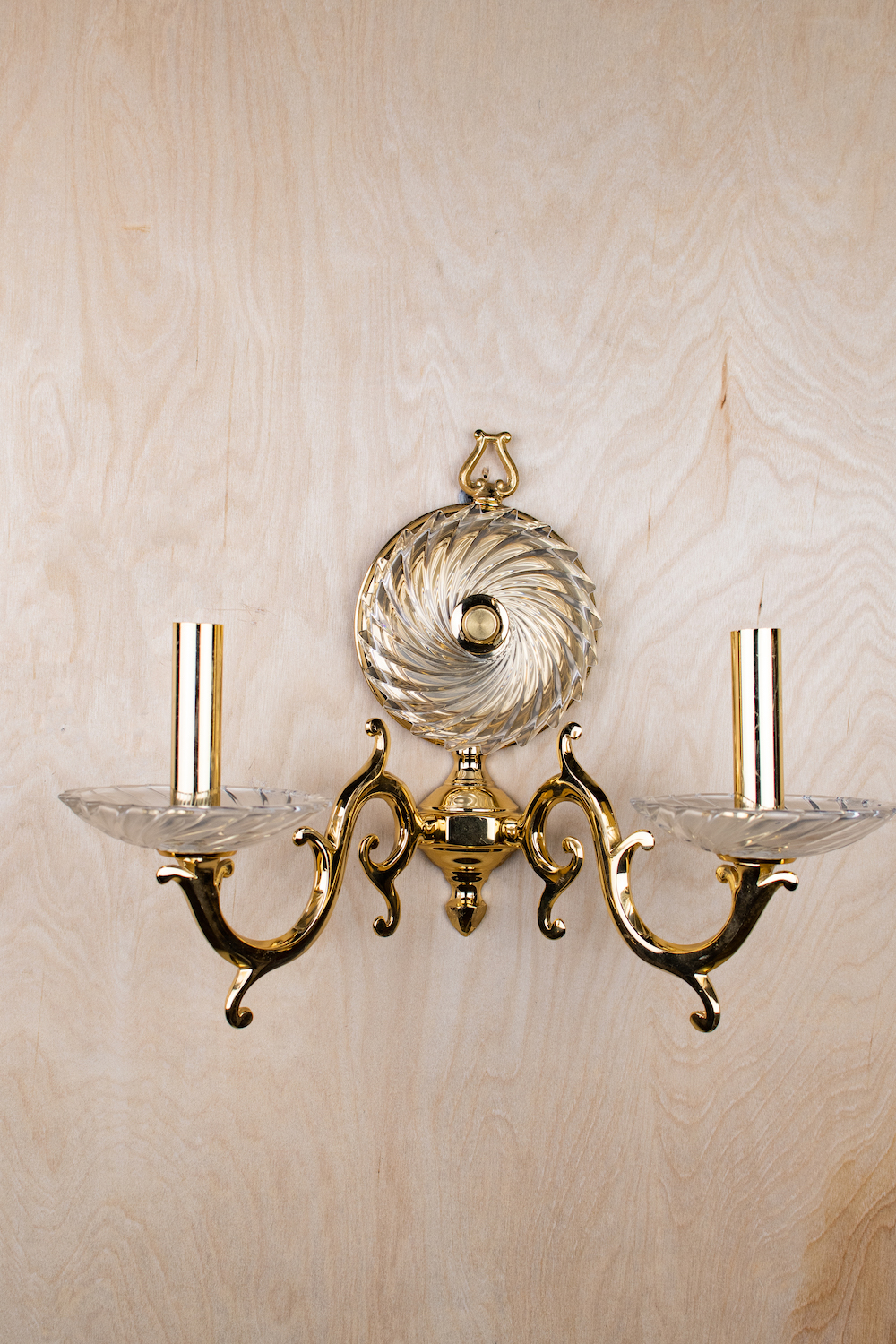 Two Arm Polished Brass Wall Sconce With Crystal Shades & Backplate ...