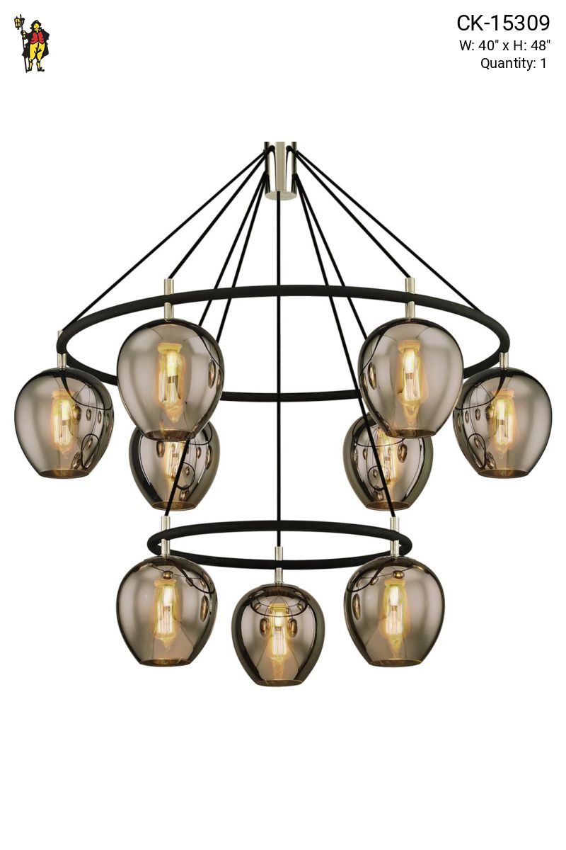 Black Nine Light Modern Chandelier w/Smoke Glass Shades | Hanging ...