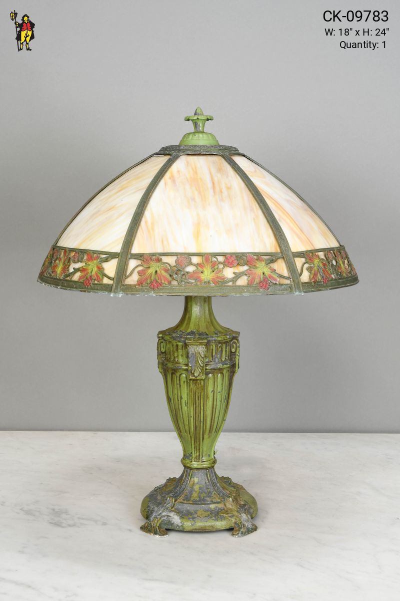 Distressed Green Table Lamp w/Floral Art Glass Shade | Table Lamps ...