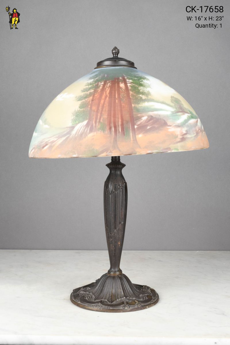 Bronze Table Lamp w/Reverse Painted Forrest Scene Glass Shade | Table ...
