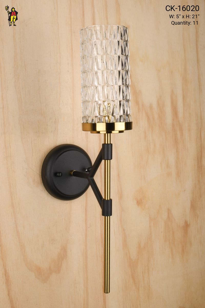 Black & Brass Modern Torch Style Wall Sconce w/Textured Glass Shade ...